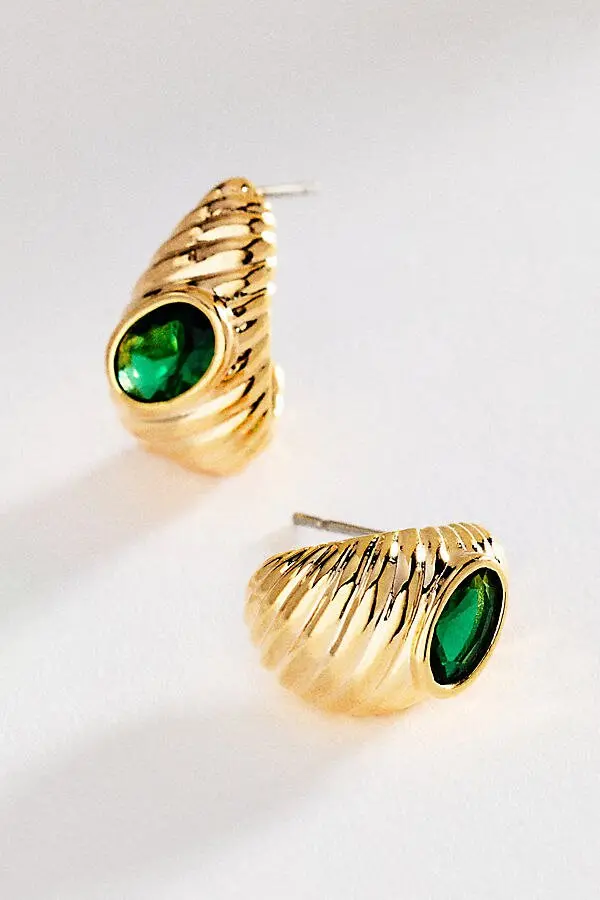 Anthropologie Sculptural Ribbed Crystal Post Earrings - Emerald