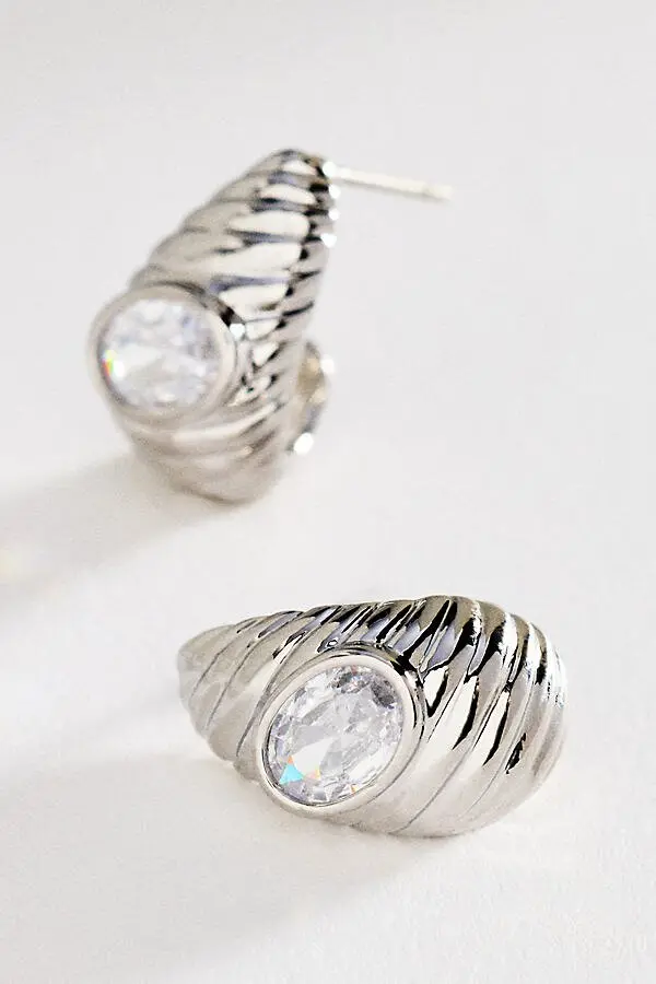 Anthropologie Sculptural Ribbed Crystal Post Earrings - Silver/clear