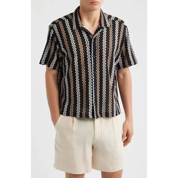 PERCIVAL Wade Openwork Stripe Camp Shirt - Black