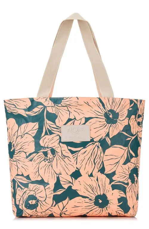 ALOHA COLLECTION Day Tripper Flor Del Mar Water Resistant Tyvek® Tote - Dark Teal/peachy