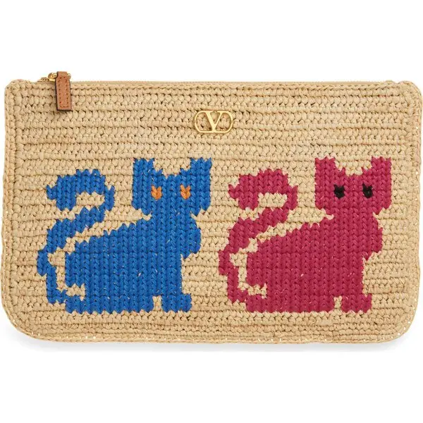 Valentino Garavani Medium Raffia Zip Pouch - Natural Multi