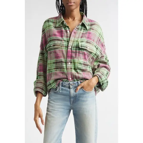 R13 Oversize Fray Hem Plaid Button-up Crop Work Shirt - Pink Overdyed Green Plaid