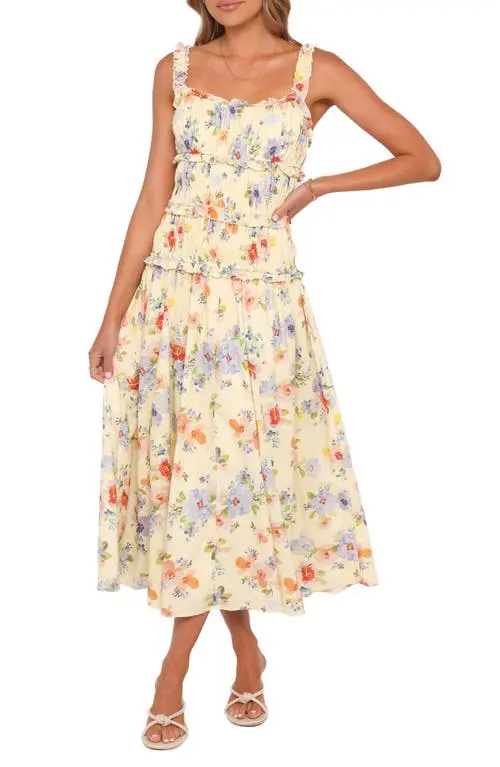 PETAL & PUP Enola Shirred Ruffle Trim Midi Dress - Yellow Floral