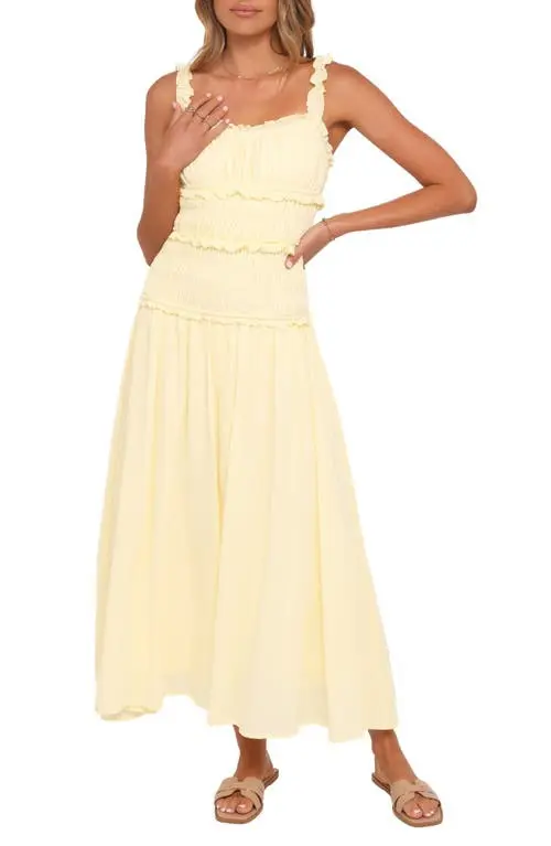 PETAL & PUP Enola Shirred Ruffle Trim Midi Dress - Yellow