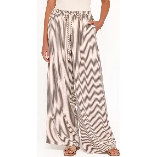 PETAL & PUP Elowen High Rise Wide Leg Drawstring Pants - Brown Stripe