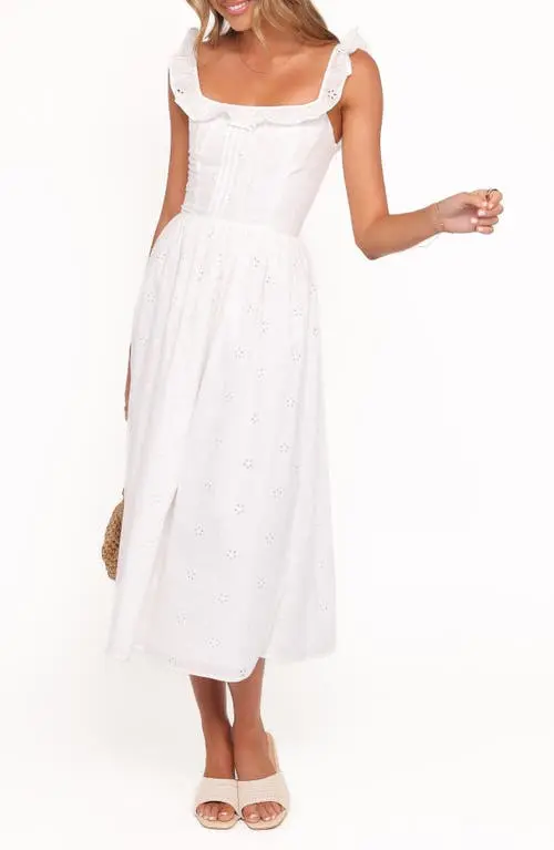 PETAL & PUP Ruella Eyelet Lace-up Back Midi Dress - White