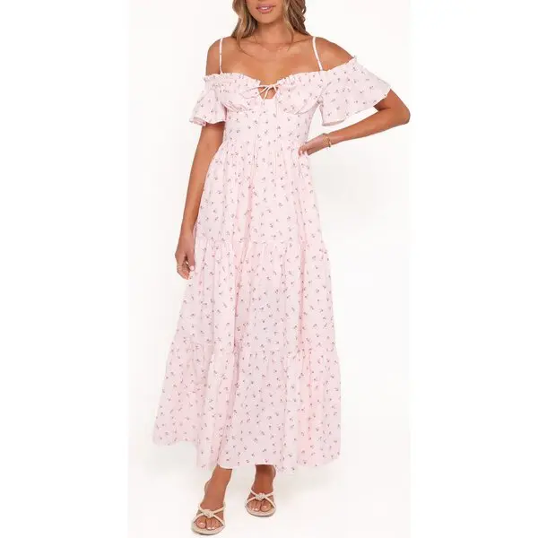 PETAL & PUP Lachay Ditsy Floral Cold Shoulder Maxi Dress - Pink Floral