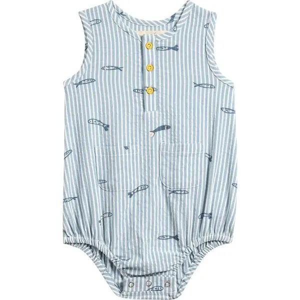 PEHR Sardine Embroidery Organic Cotton Seersucker Romper - Petit Sardine