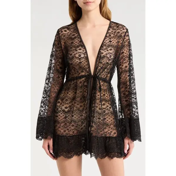 KILO BRAVA Embroidered Sheer Mesh Robe - Black
