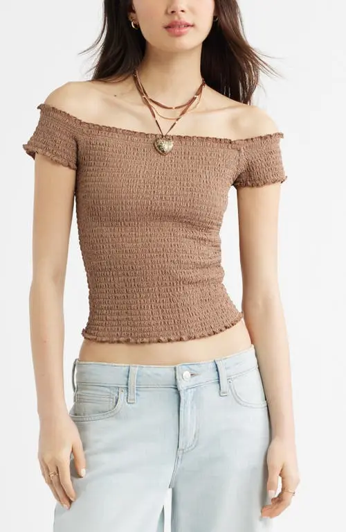 Bp. Off-the-shoulder Smocked Top - Brown Fresco