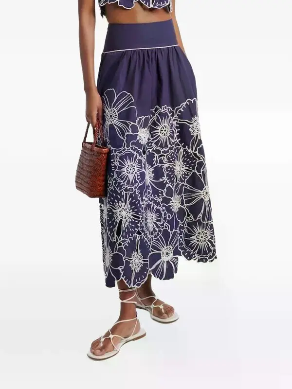 Farm Rio Flower-embroidered Maxi Skirt - Blue