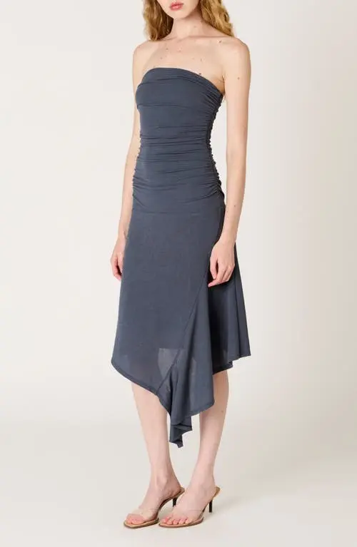 NIA Sabela Ruched Strapless Asymmetric Midi Dress