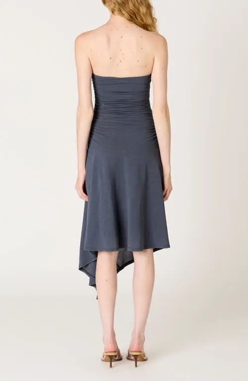NIA Sabela Ruched Strapless Asymmetric Midi Dress