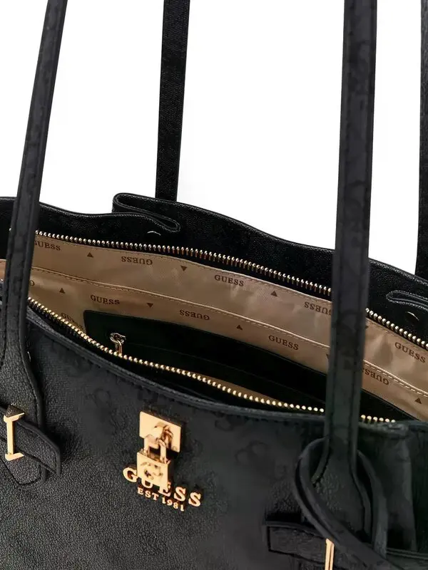 Guess Monogrammed Tote Bag With Buckle And Padlock Detail - Black