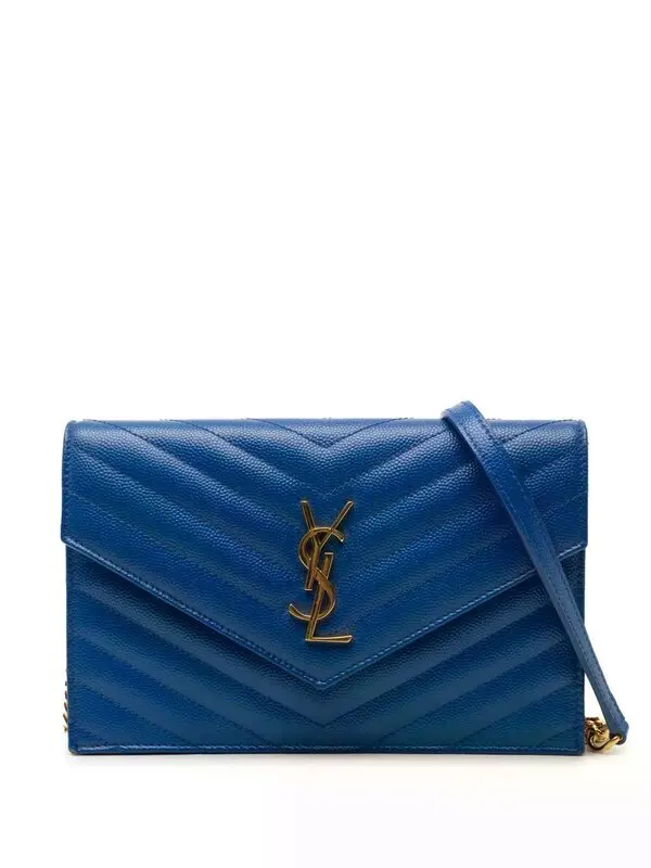 Saint Laurent 2015 Grain De Poudre Chevron Monogram Envelope Chain Wallet - Blue