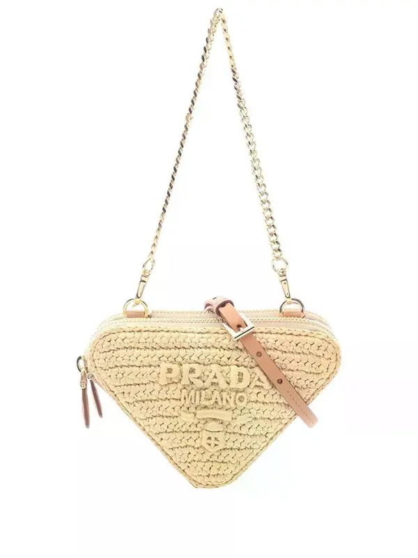 Prada 2010-2026 Mini Raffia Crochet Logo Embroidered Triangle Pouch Satchel - Neutrals