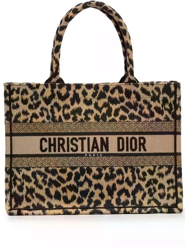 Dior 2021 Mizza Medium Embroidered Canvas Leopard Book Tote Bag - Neutrals