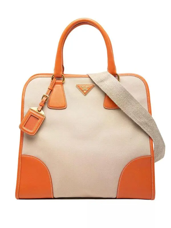Prada 2000-2012 Saffiano Trimmed Canvas Canapa Satchel - Neutrals