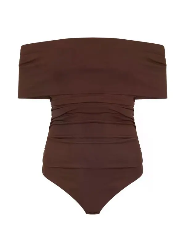 DES_PHEMMES Ruched Off-the-shoulder Bodysuit - Brown