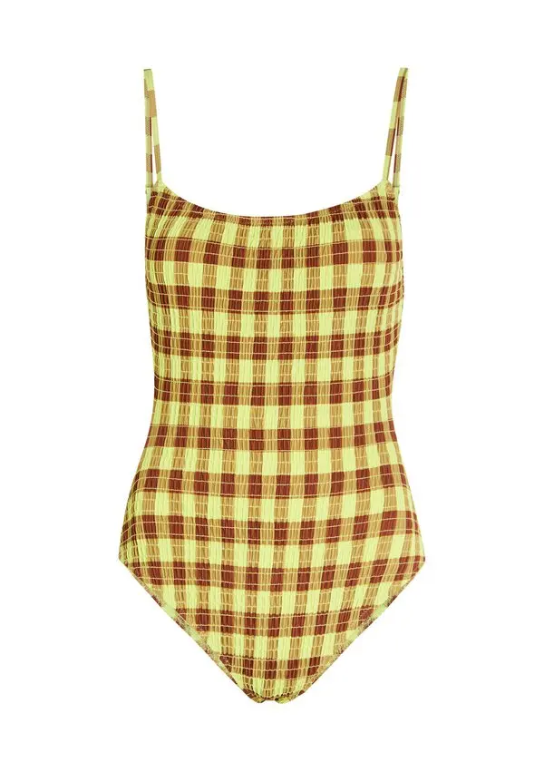 DAMSON MADDER Lilibet Checked Smocked Swimsuit - Green