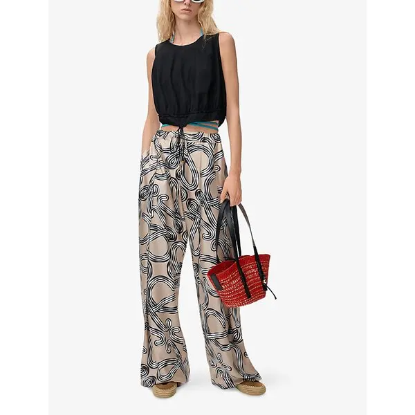Loewe X Paula's Ibiza Anagram-print Wide-leg Silk Trousers - Beige/black