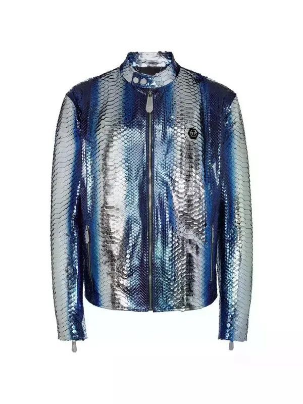 Philipp Plein Python-leather Biker Jacket - Blue