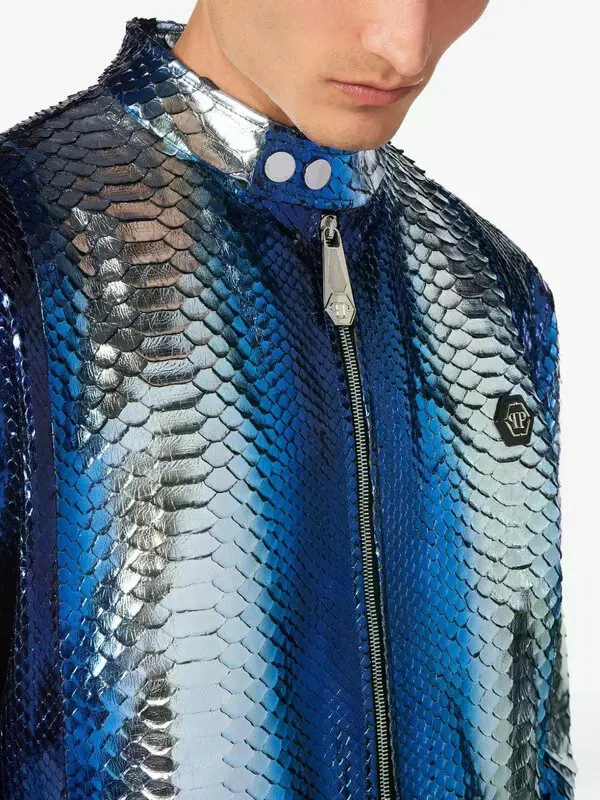 Philipp Plein Python-leather Biker Jacket - Blue