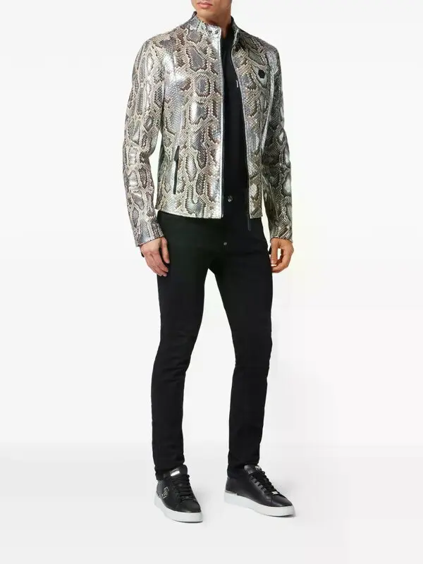 Philipp Plein Python Leather Bomber Jacket - Silver