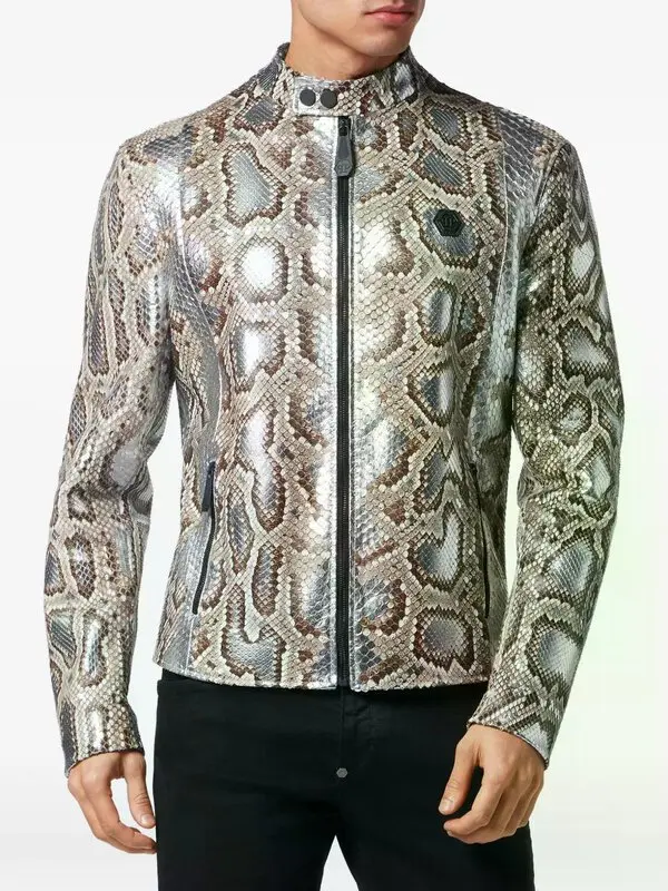 Philipp Plein Python Leather Bomber Jacket - Silver
