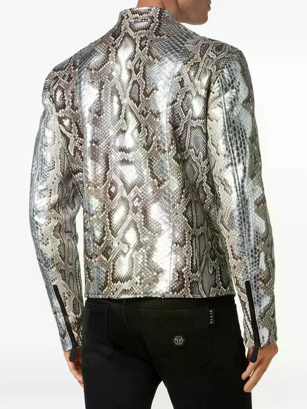 Philipp Plein Python Leather Bomber Jacket - Silver