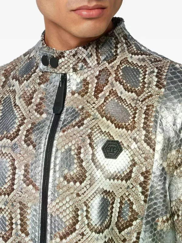 Philipp Plein Python Leather Bomber Jacket - Silver