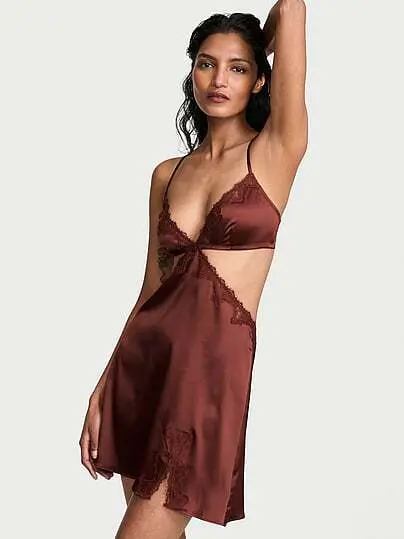 Victoria's Secret Very Sexy Satin Lace-trim Cut-out Mini Slip Dress - Print