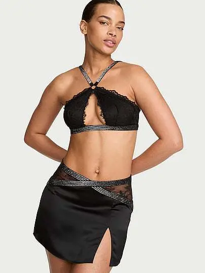Victoria's Secret Very Sexy Shine Strap Lace Halter Bralette & Mini Skirt Set - Black
