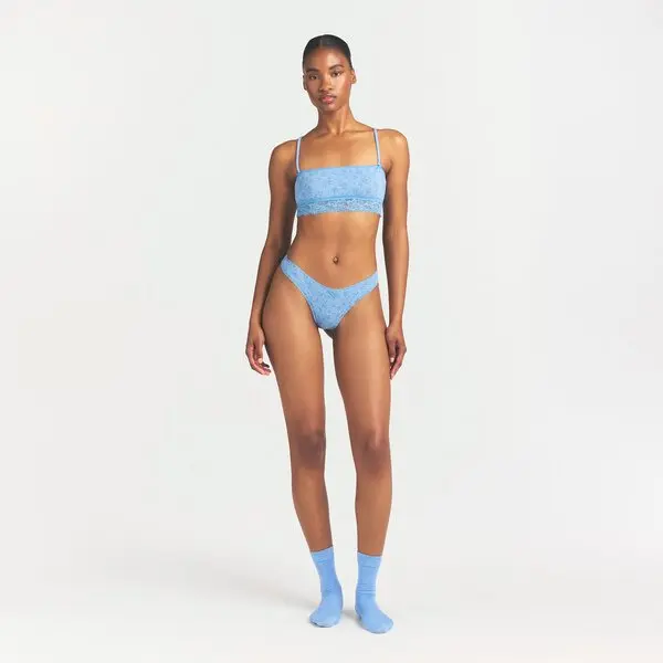 SKIMS Lace Thong Print | Blue | | Lightweight Cotton - Surf Dainty Floral