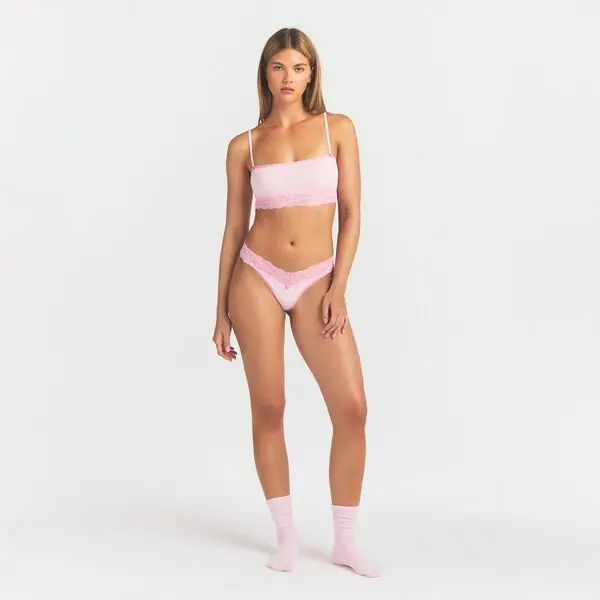 SKIMS Wide Lace Thong | Pink | | Lightweight Cotton - Cherry Blossom Tonal