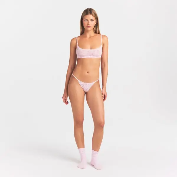 SKIMS Pointelle Lace String Thong | Pink | | Lightweight Cotton - Bloom Dainty Floral