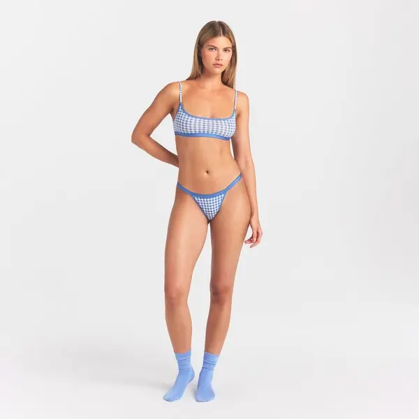 SKIMS Logo Picot Thong | Blue | | Lightweight Cotton - Arctic Gingham