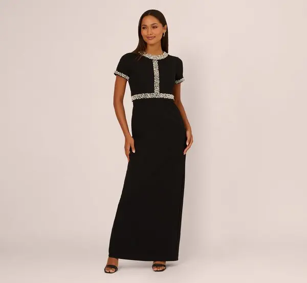 Adrianna Papell Short Sleeve Beaded Gown - Black/ivory