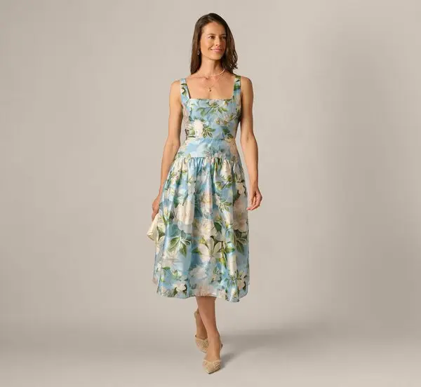 Adrianna Papell Square Neck Drop Waist Floral Jacquard Dress - Blue Multi
