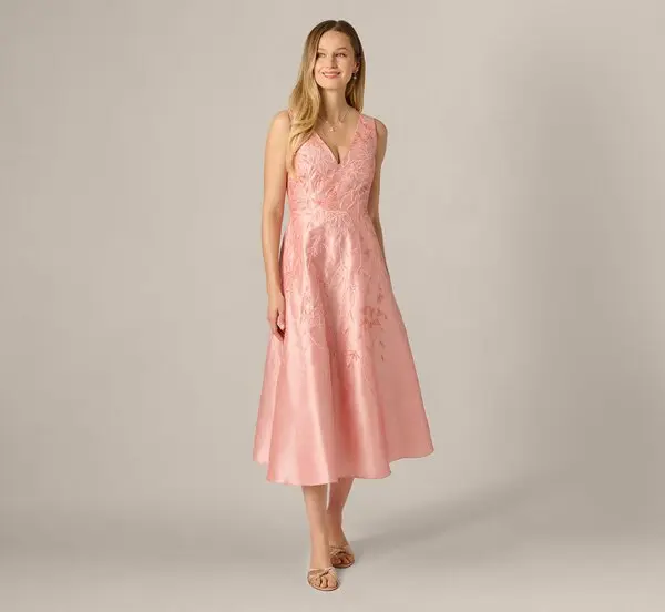 Adrianna Papell Floral Embroidered Dupioni A Line Midi Dress - Light Pink