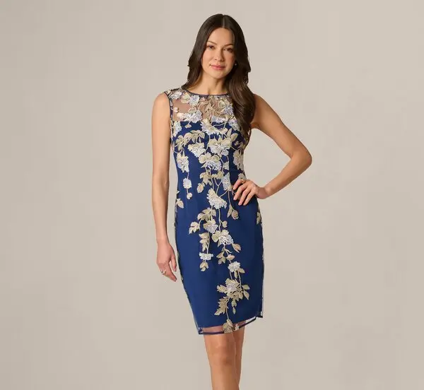 Adrianna Papell Sleeveless Illusion Floral Embroidery Sheath Dress In Navy Ecru - Navy/ecru