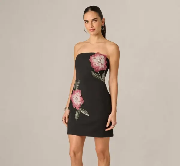 Adrianna Papell Strapless Floral Applique Mini Dress