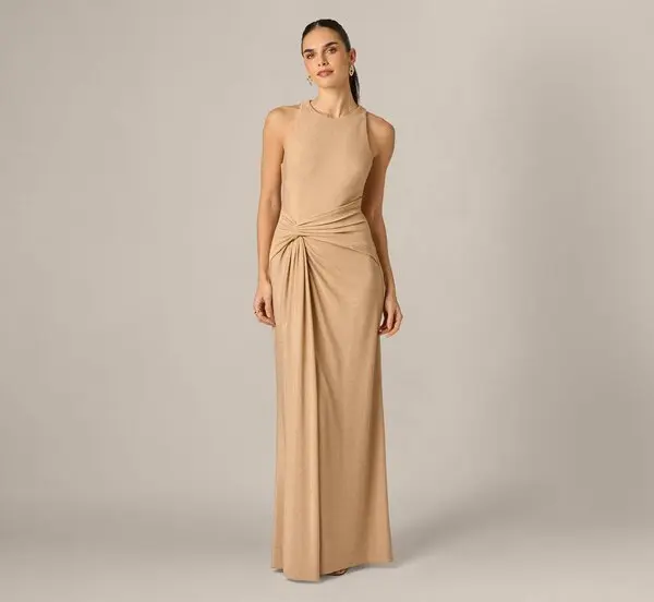Adrianna Papell Metallic Stretch Knit Draped Gown - Light Gold