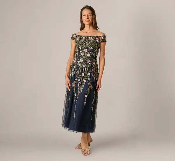 Adrianna Papell Off Shoulder Floral Beaded Ankle Length Dress In Navy Blush - Navy/blush