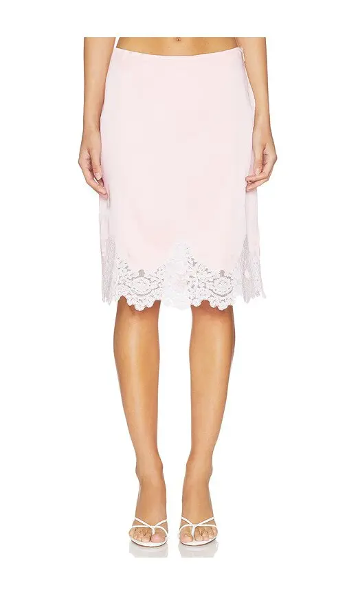 Tularosa Claire Satin Lace Trim Midi Skirt