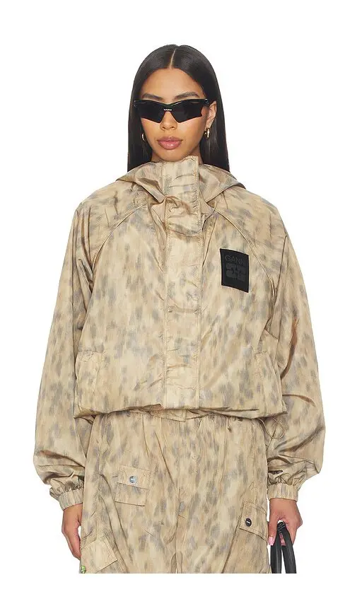 GANNI Printed Flyweight Nylon Hooded Jacket - Beige