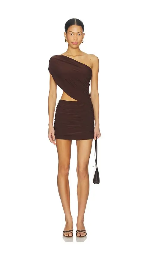TIGER MIST Asymmetrical Ruched Cut Out Mini Dress - Chocolate
