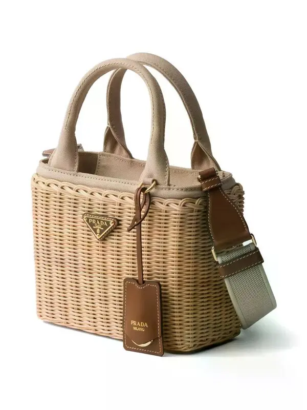 Prada Small Wicker And Canvas Tote Bag - Neutrals