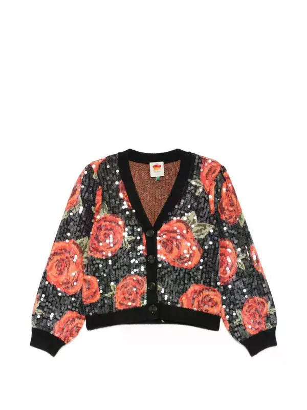 Farm Rio Sequin-embellished Floral-pattern Cardigan - Black