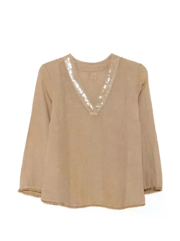120% Lino V-neck Long Sleeve Blouse - Brown